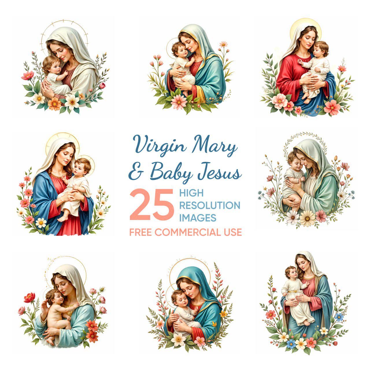 25 Virgin Mary and Baby Jesus Clipart Bundle, Catholic Printable JPG ...