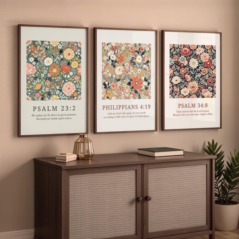Christian Bible Verse Wall Art Set of 3, Floral Scripture Prints Psalm ...