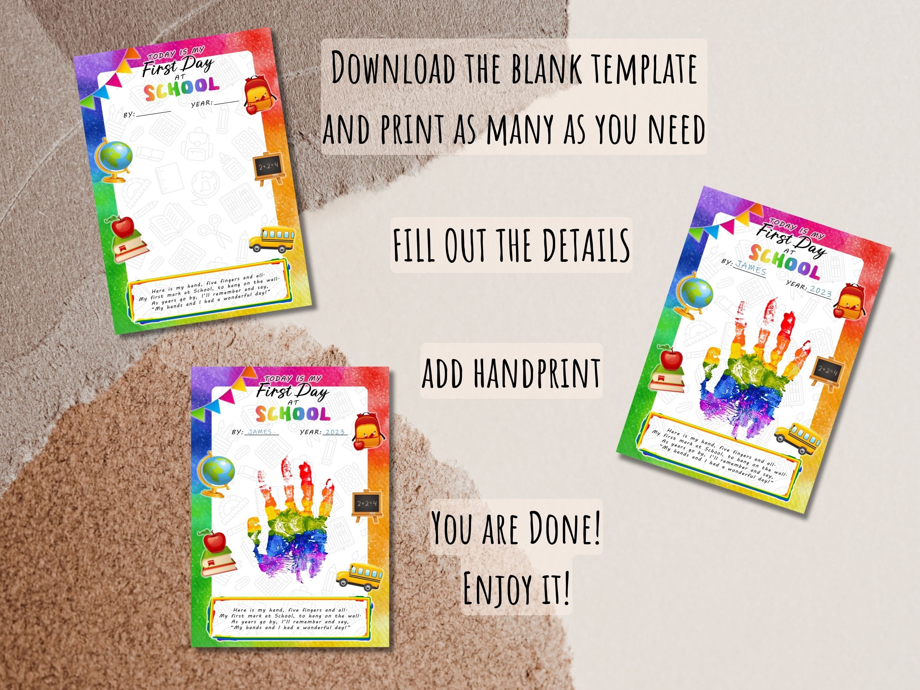 First Day at School Handprint Craft, Back to School, Handprint Memory ...