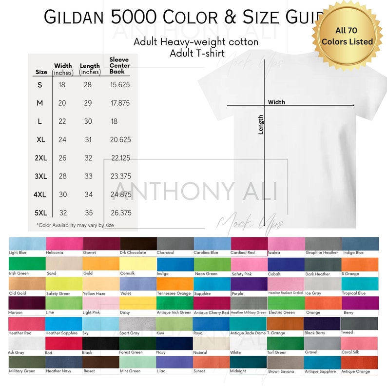 Gildan 5000 Size Chart Gildan Color Availability Chart Gildan Mockup