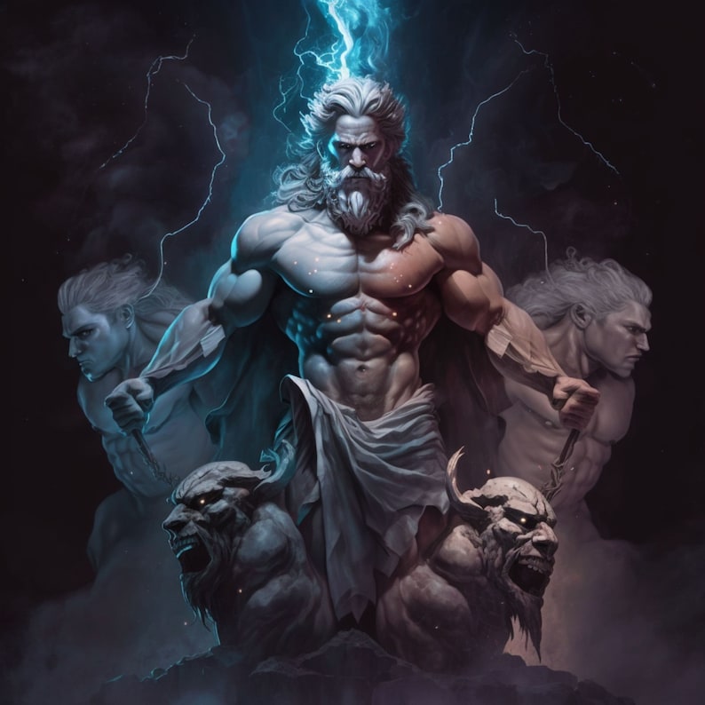 God Zeus Figthing Titans With Poseidon and Hades, AI Digital Wall Art ...