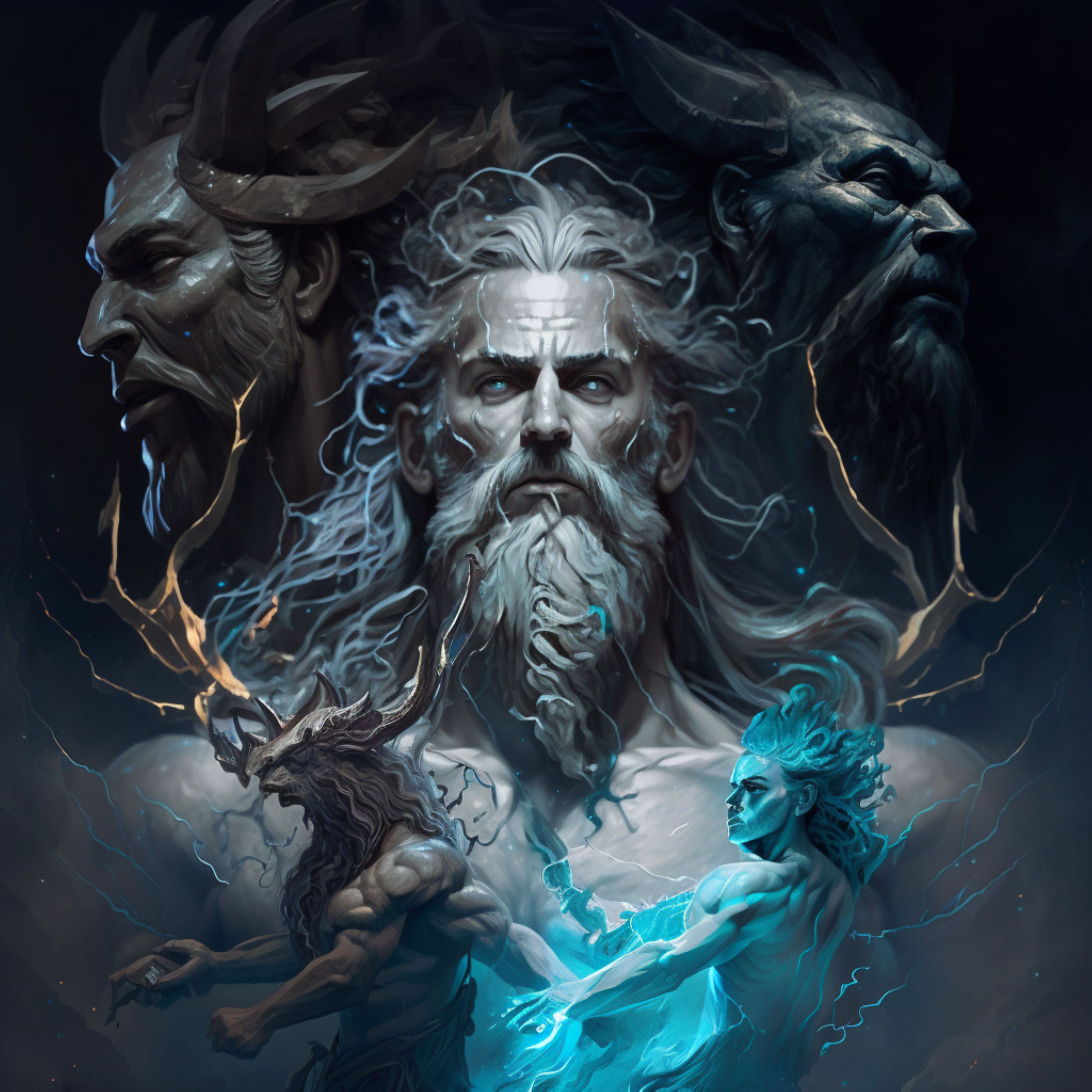 God Zeus Figthing Titans With Poseidon and Hades, AI Digital Wall Art ...