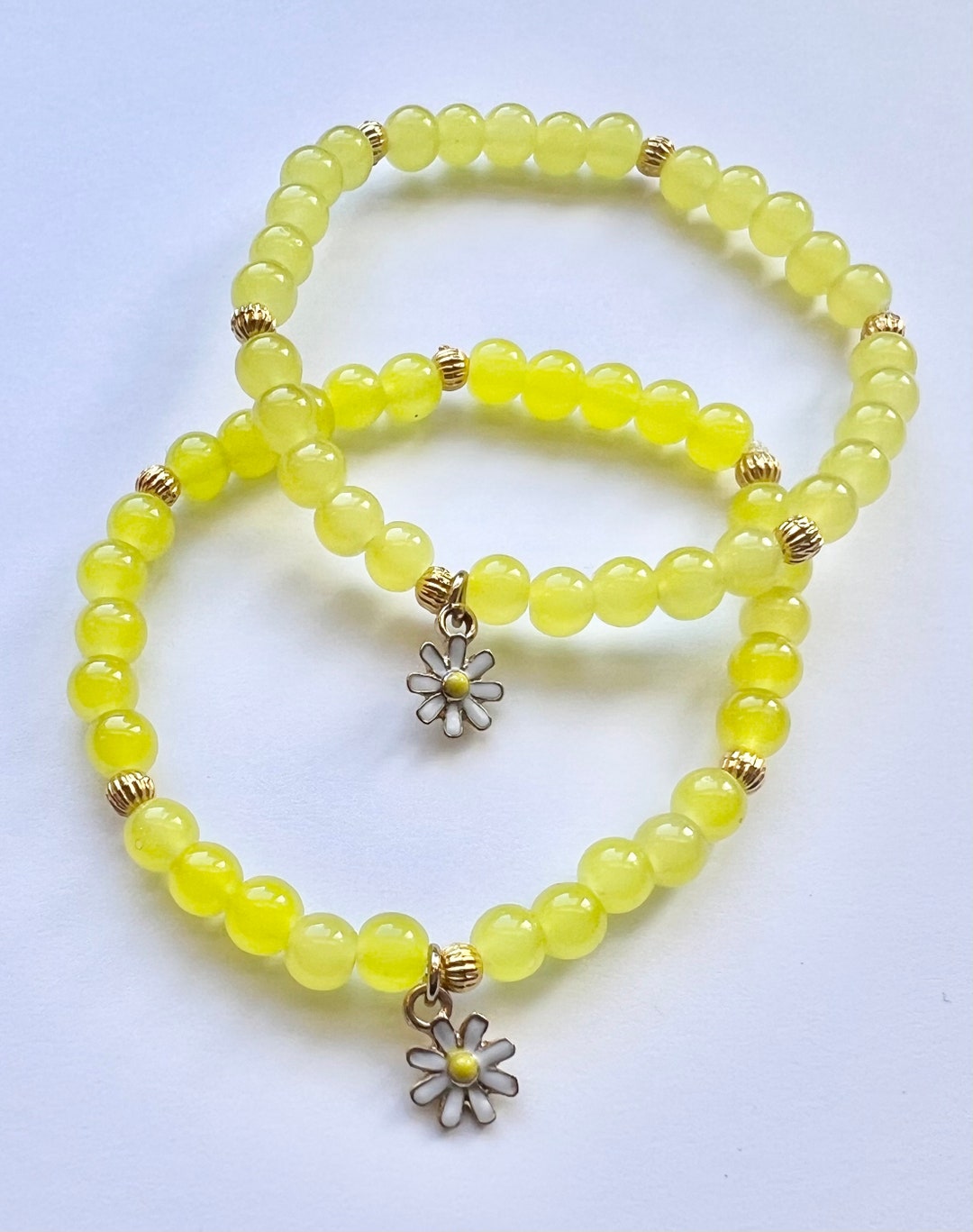 Bright Yellow Beaded Bracelet With Daisy Charm - Etsy