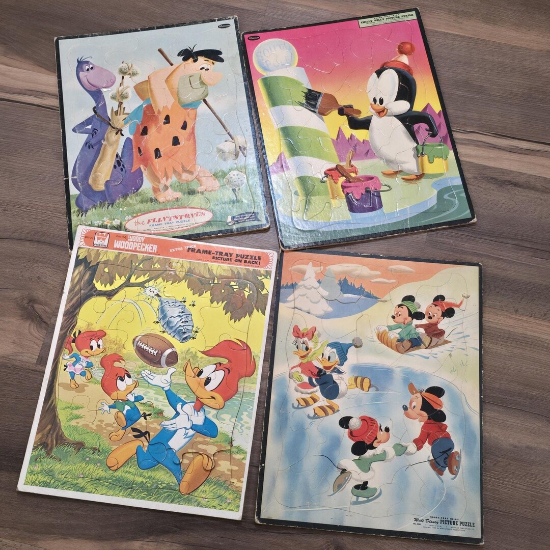 1950s 70s Tray Puzzles Disney Mickey Minnie Mouse Flintstones Woody ...