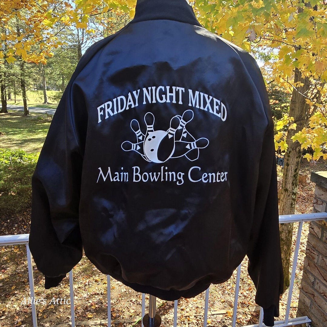 Black Satin Bomber Jacket Main Bowling Alley Lanes Friday Mixed League ...