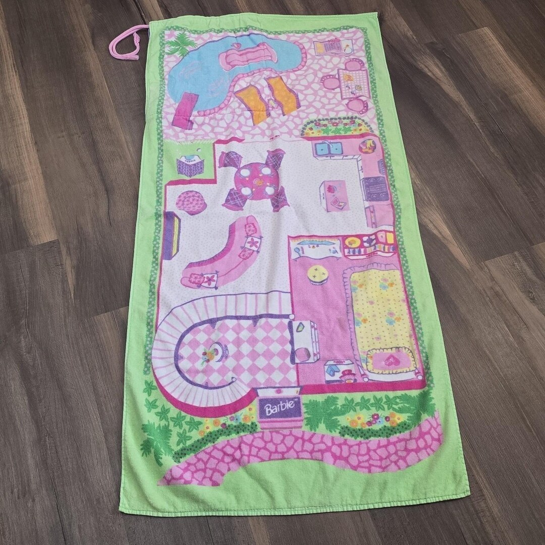 Barbie Beach Towel Dream Doll House Bath Pillow Pink Purple 100% Cotton ...
