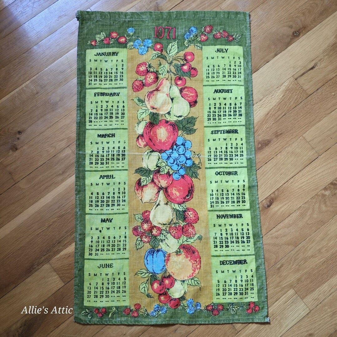 1971 Linen Calendar Dish Tea Towel Green Fruit Cottage Vtg Retro ...