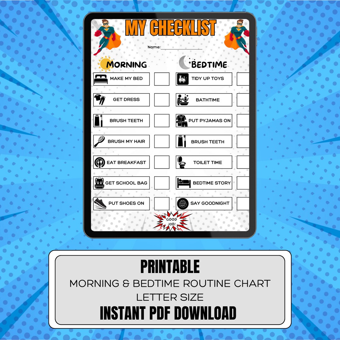 Kids Morning & BEDTIME Routine Chart, Printable Kids Chart, Instant PDF ...