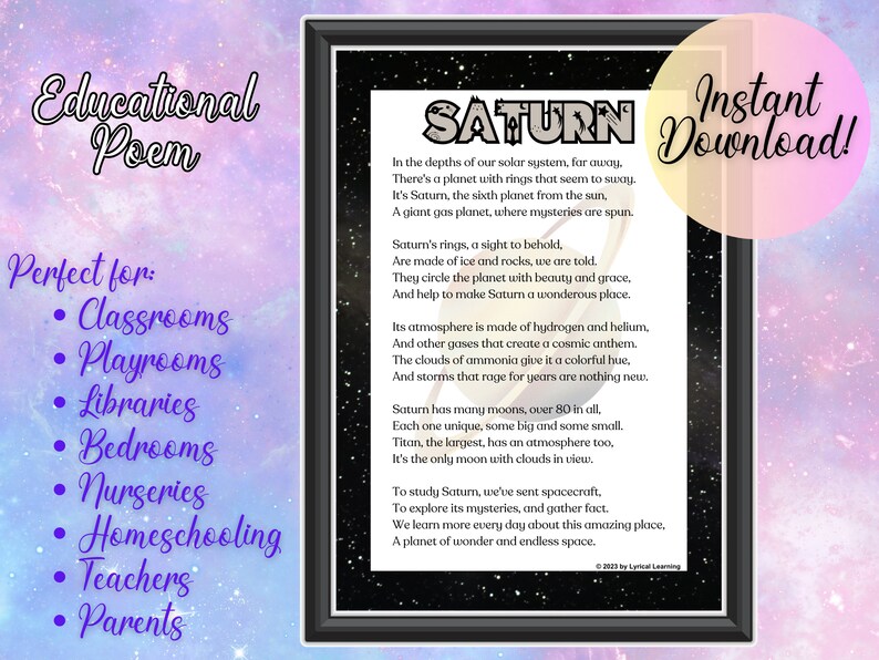 Saturn Planet Wall Art Poem Printable for Classrooms - Etsy