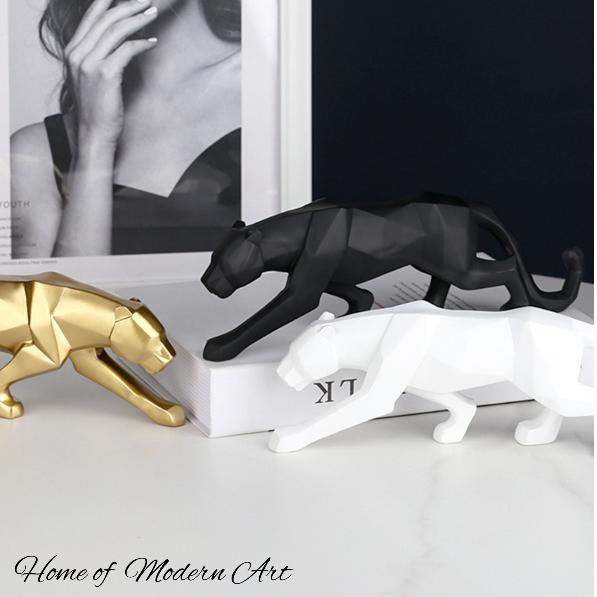 Geometric Panther Sculpture, Modern Office Desk Decor, Strength Symbol ...