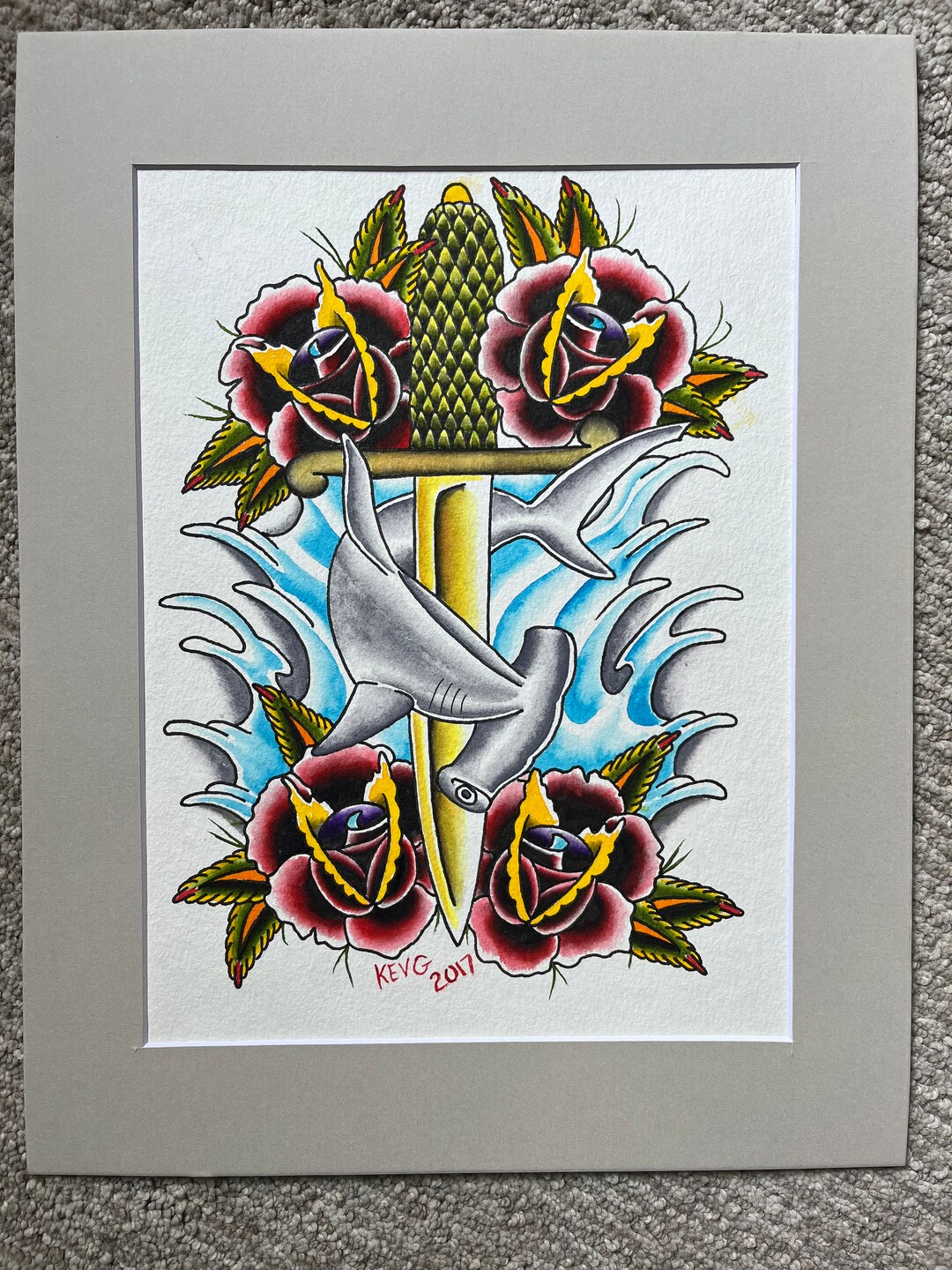 Original Watercolor Hammerhead Shark and Dagger Tattoo Flash Style ...