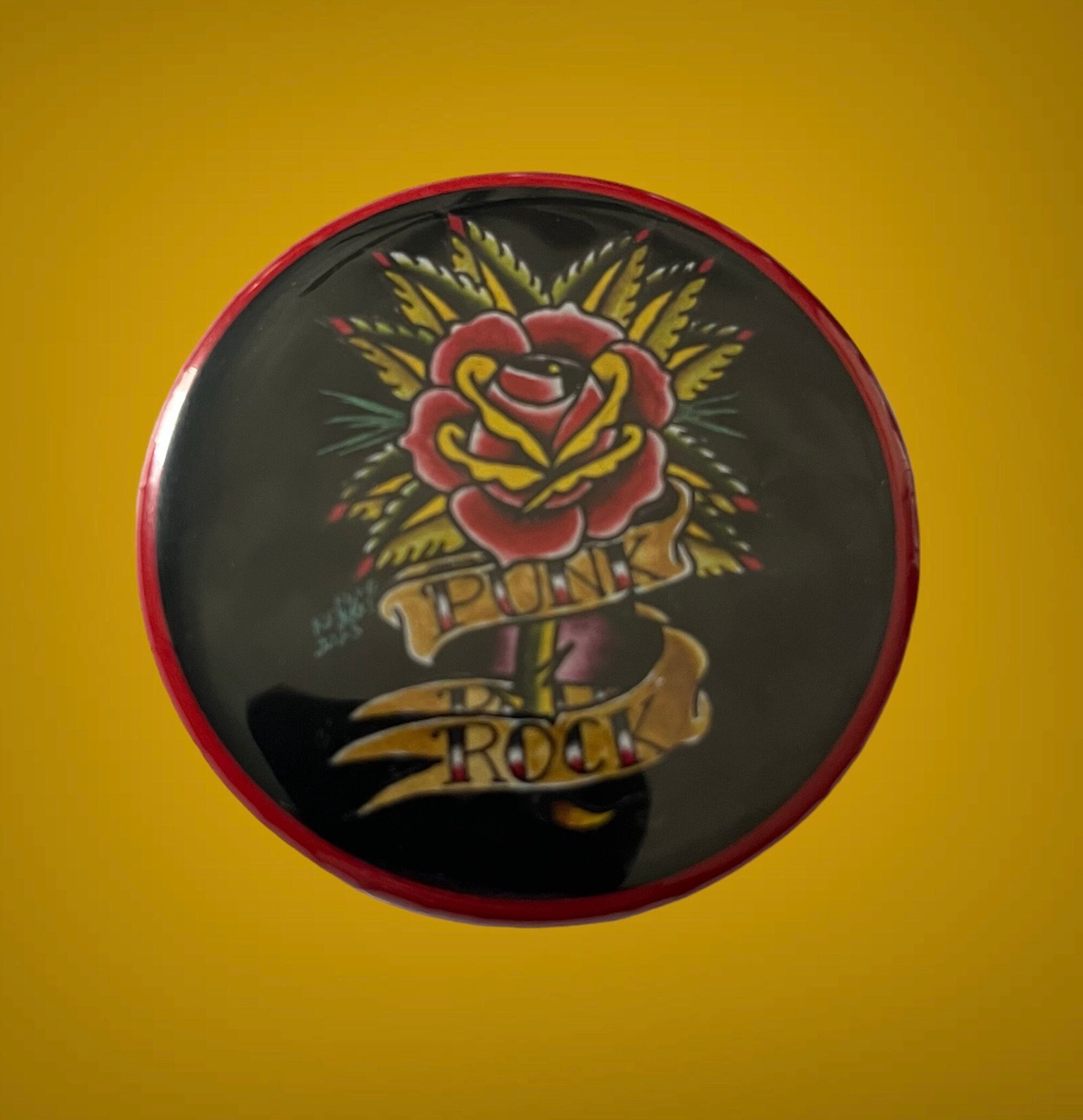 PUNK ROCK Traditional Rose Tattoo Flash Art by Kev G ~ Pin Pinback - Etsy
