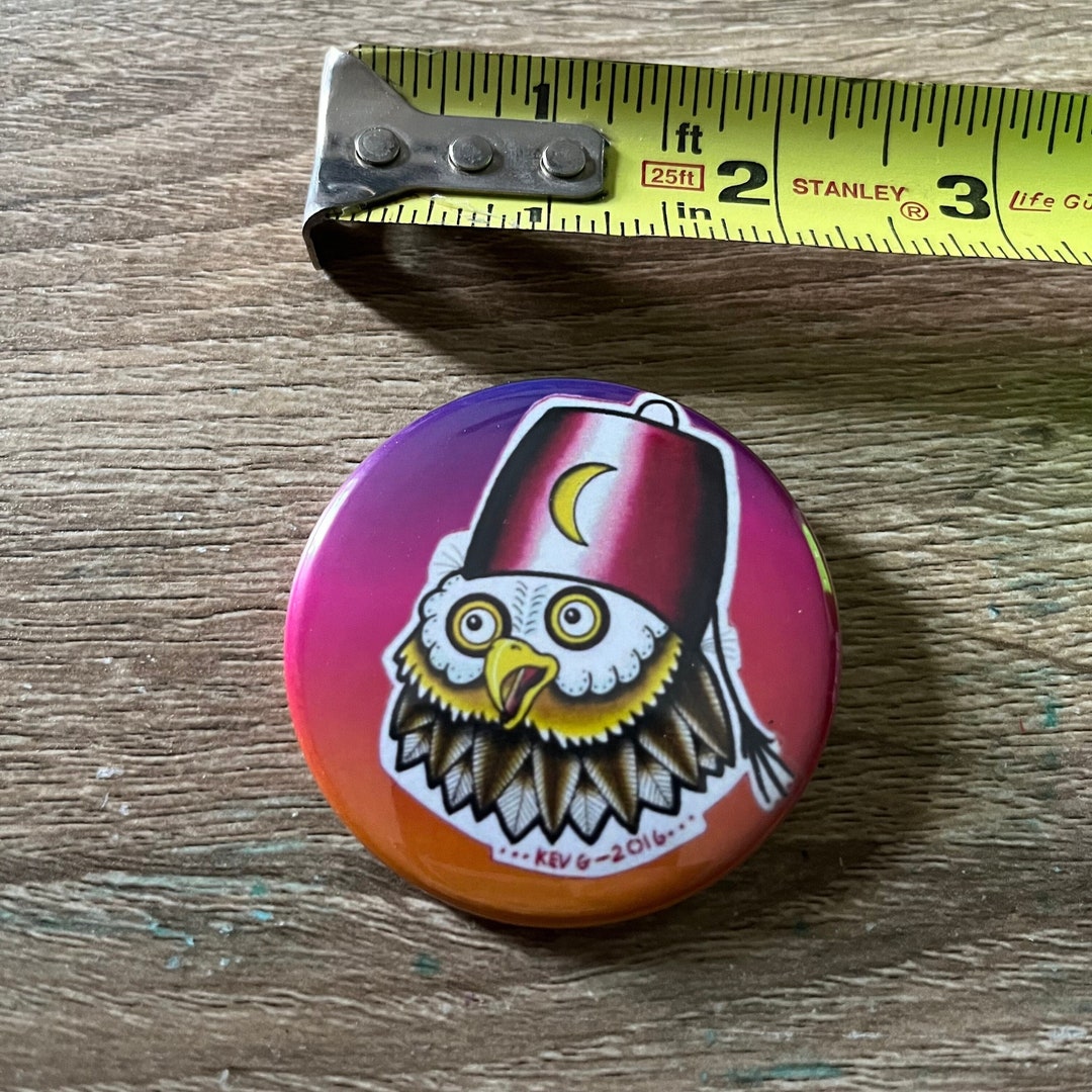 Art by Kev G ~ Traditional Owl With Fez Tattoo Flash ~ Pin Pinback - Etsy