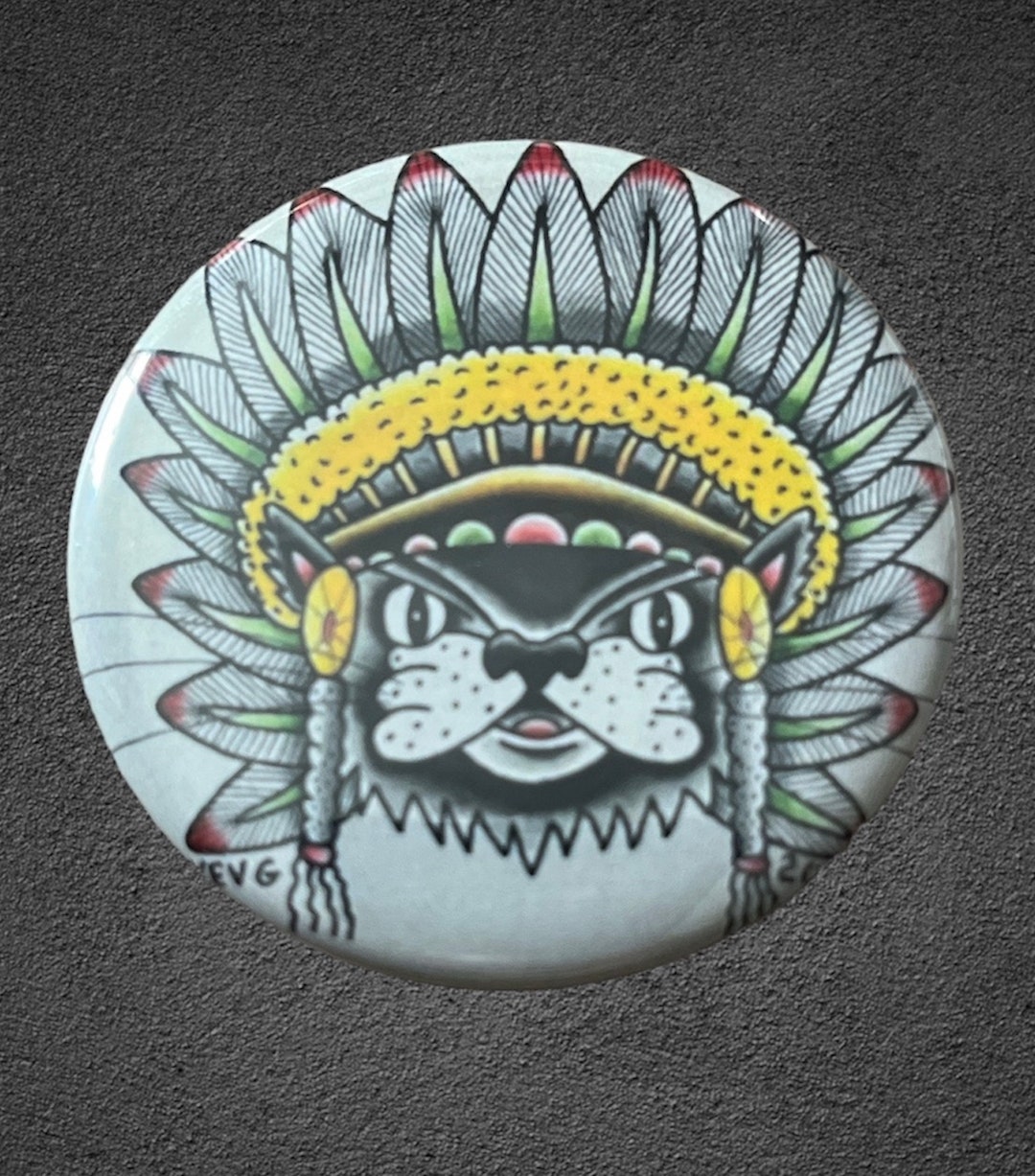Art by Kev G ~ Traditional Indian Chief Cat Tattoo Flash ~ Pin Pinback ...