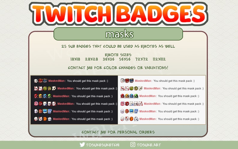 25 Mask Twitch Badges/emotes: Anime, Kitsune, Samurai (digital Download ...