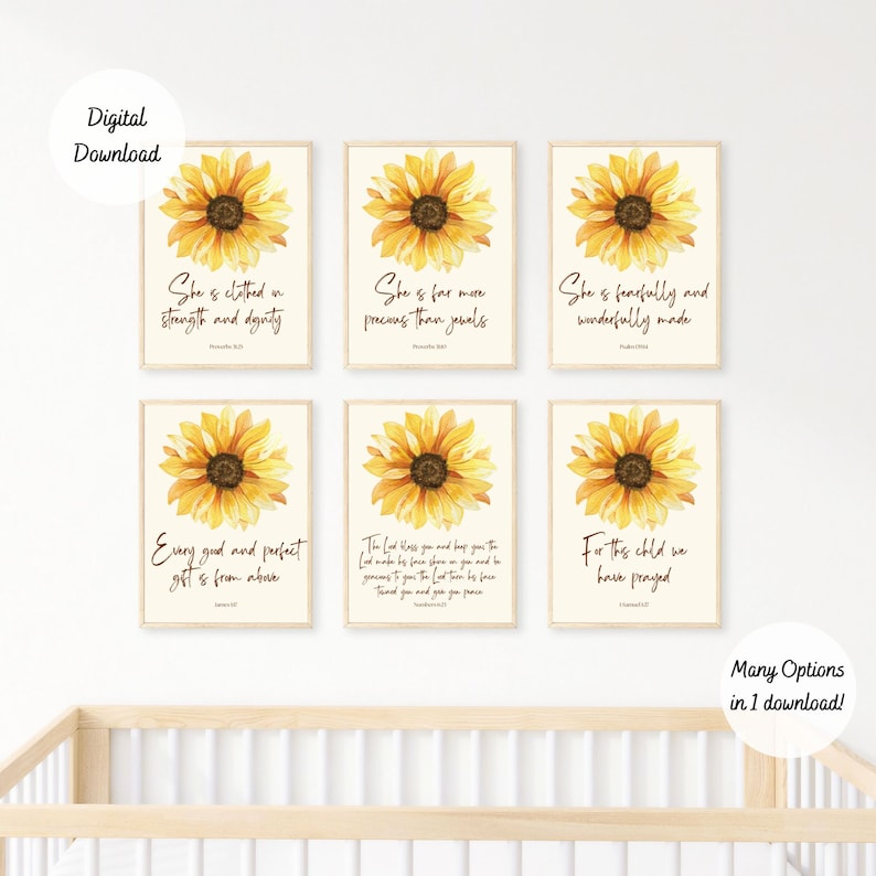 Sunflower Bible Verse Digital Prints - Baby Girl's Nursery Floral Wall ...