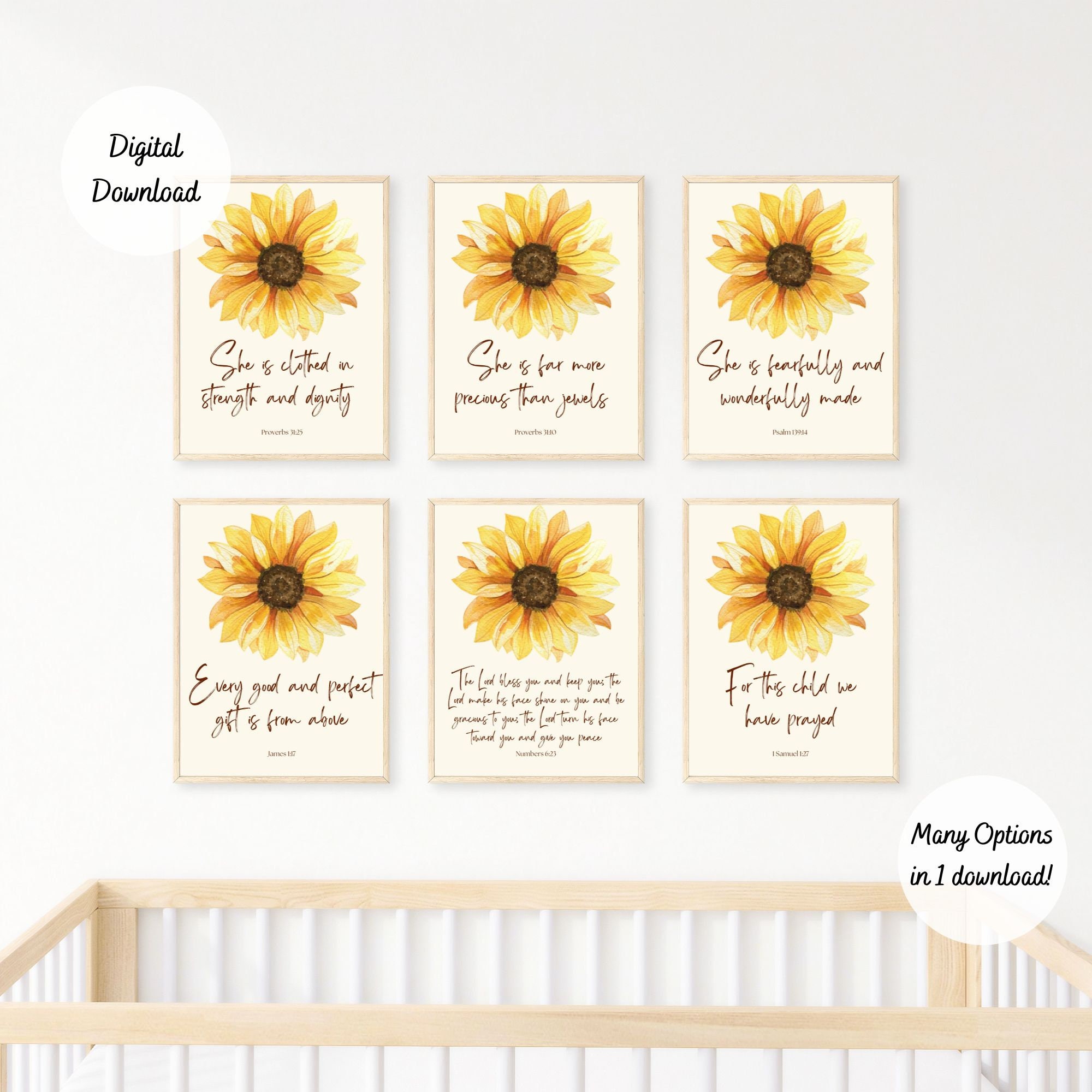 Sunflower Bible Verse Digital Prints - Baby Girl's Nursery Floral Wall ...