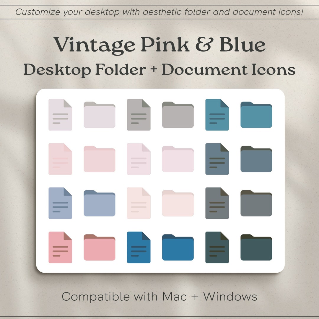Vintage Pink Blue Desktop Icons for Mac and Windows Desktop Folder ...
