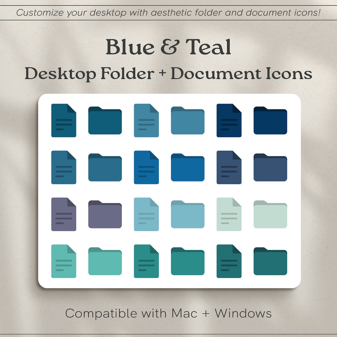 Blue Teal Desktop Icons for Mac and Windows Custom Desktop Folder Icons ...