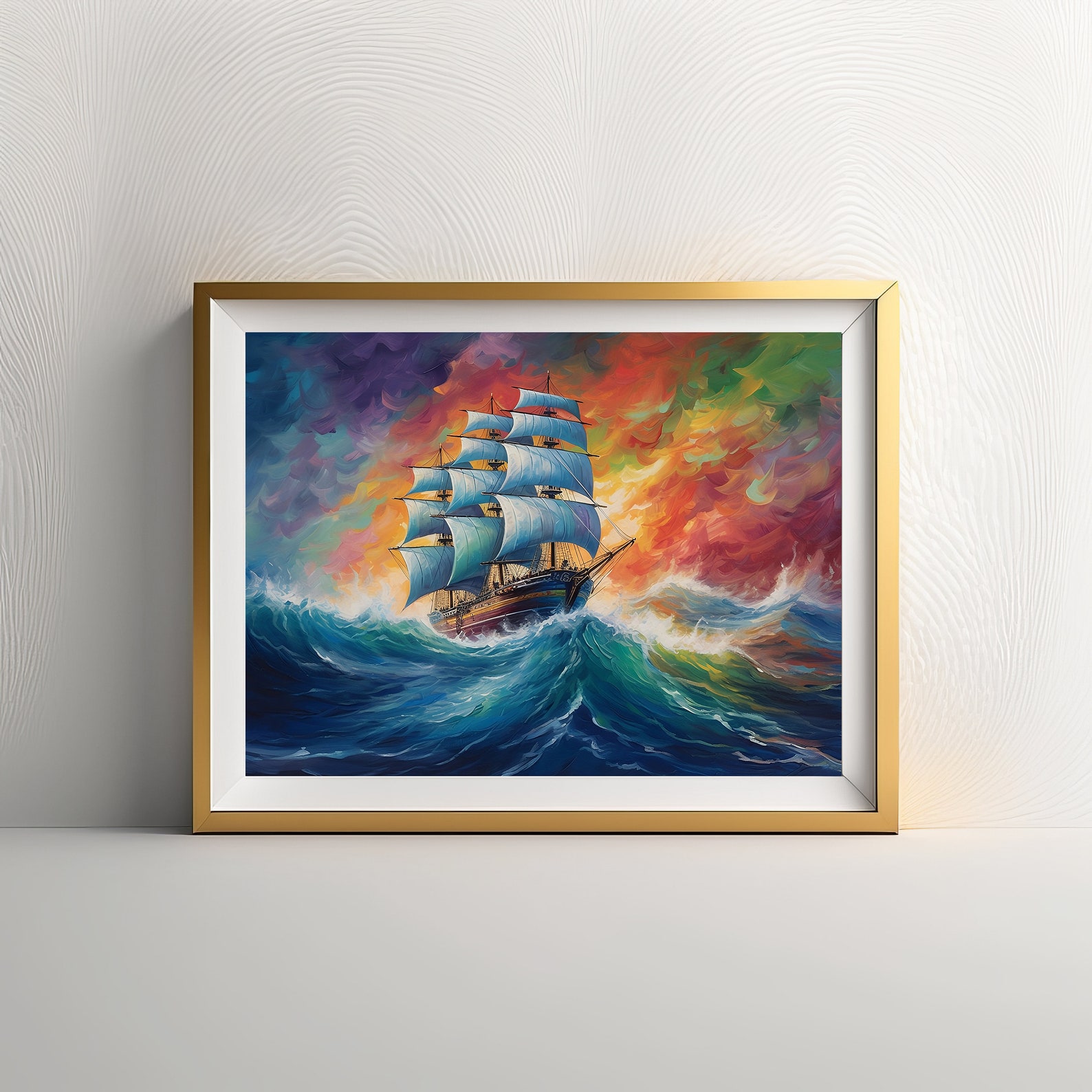 Sailing Ship Acrylic Painting in Storm of Vibrant Bold Colors Instant ...
