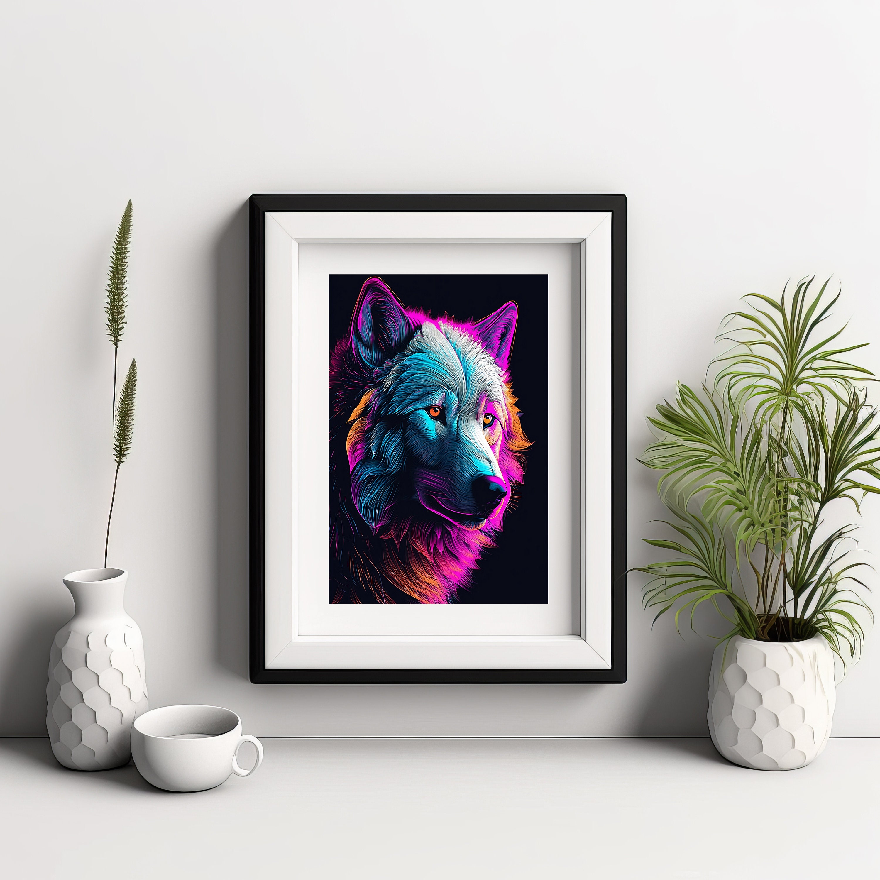 Wolf Poster in Neon Synthwave Colors Illustration Neon Colors Wall ...