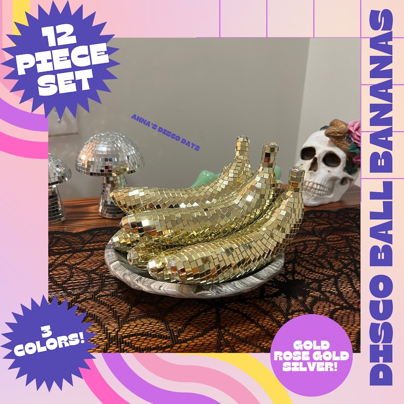 Set of 12 Disco Ball Bananas, Disco Fruit Bananas, Mirror Disco Bananas ...