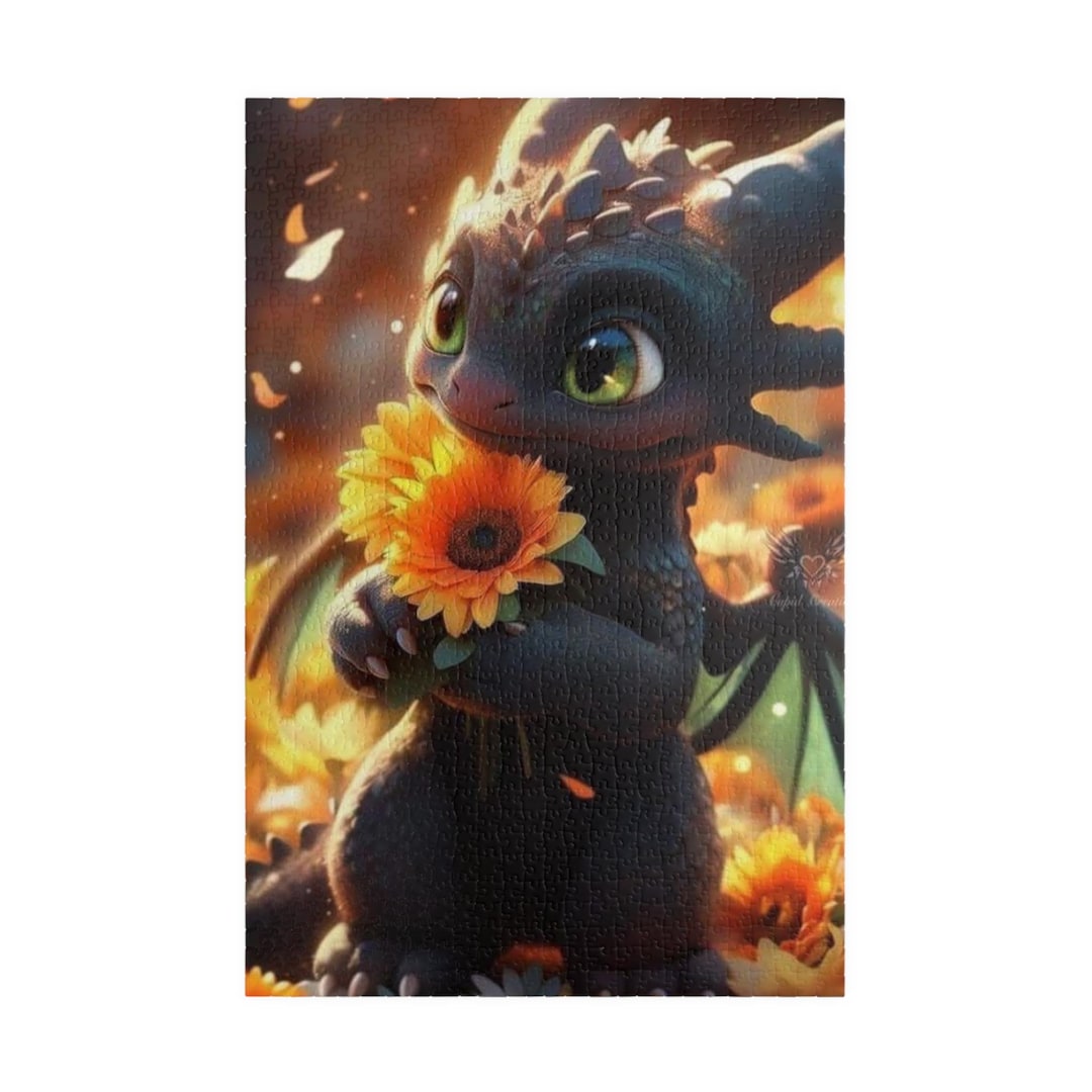 Cute Dragon Baby Toothless and Sunflowers Puzzle - Playful Gift for ...