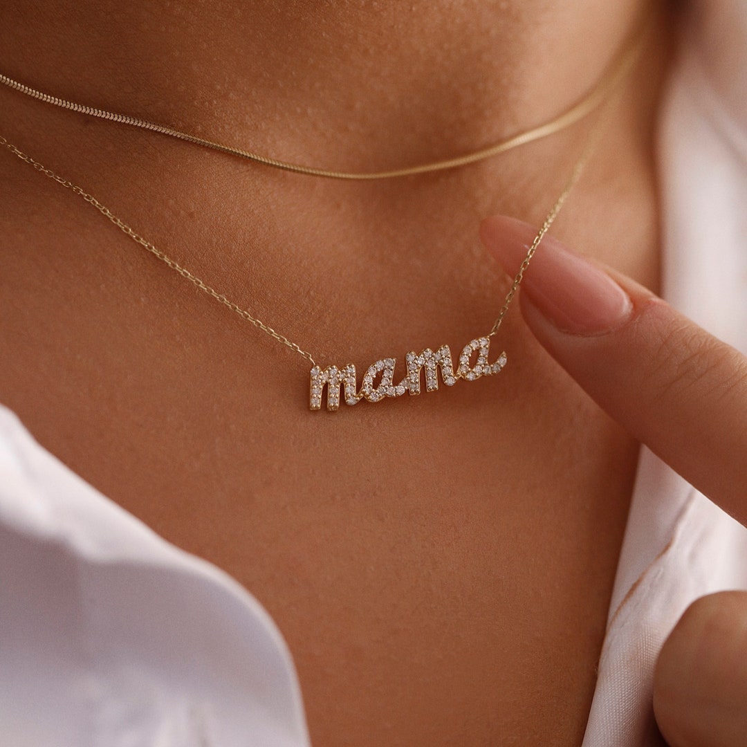 Diamond Stone 14k Solid Gold MAMA Necklace, Dainty Diamond Stone Mama ...