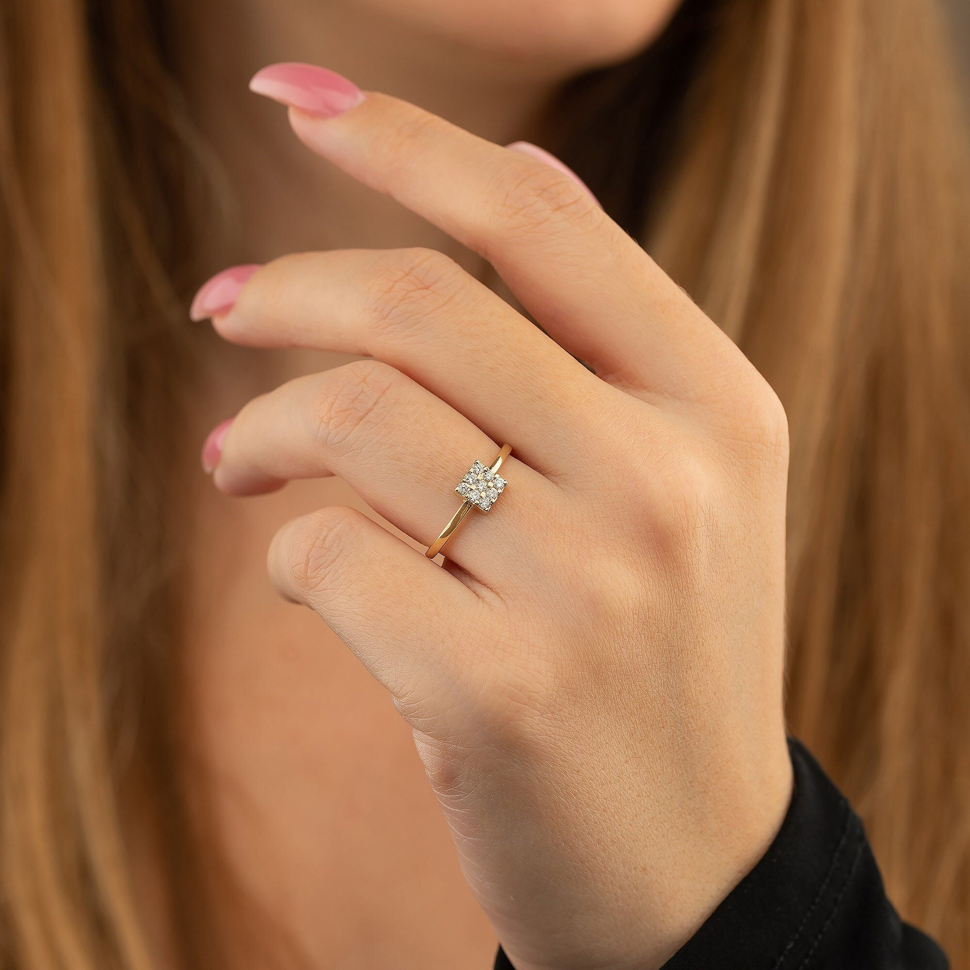 Square Diamond Engagement Ring, Cushion Cut Simulated Diamond, Promise ...