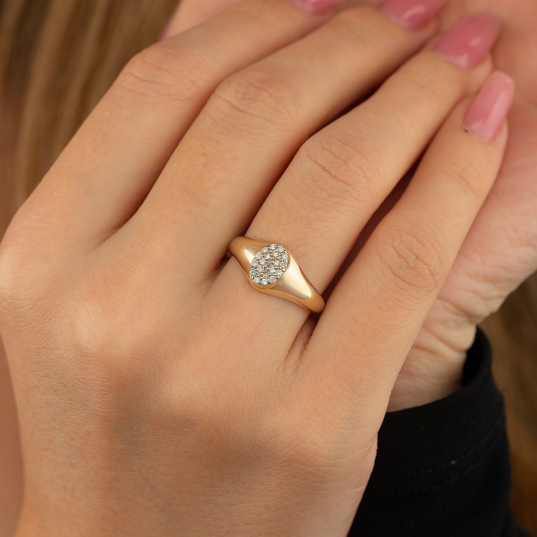 Pave Seal Diamond Ring, Diamond Seal Ring, Sparrow Ring, Minimal Gold ...
