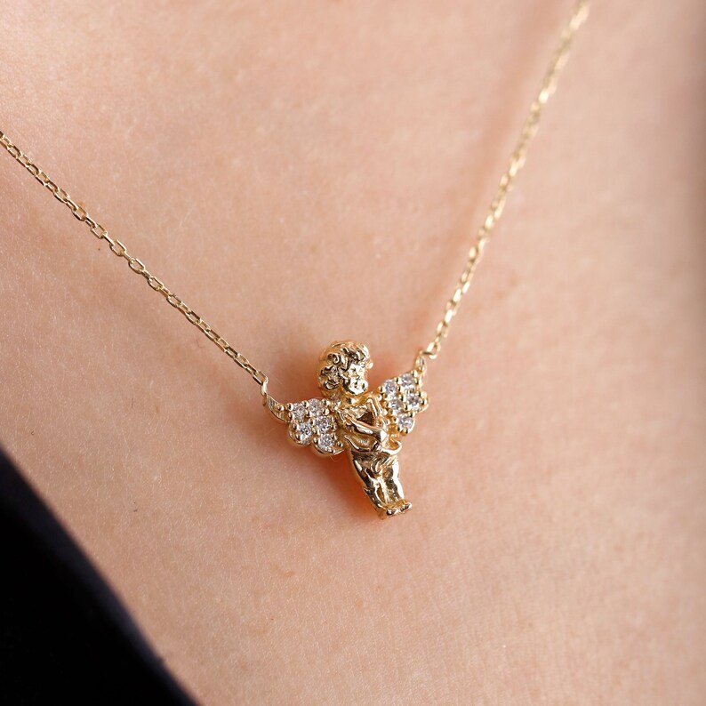 14K Gold Angel Praying Cherub Necklace Diamond Wing Detailed - Etsy