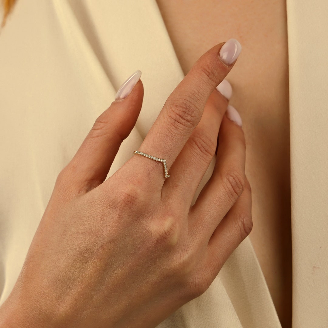 Solid 14K Gold Ring, V Shaped Stone Ring, Stacking Chevron Ring, Gift ...
