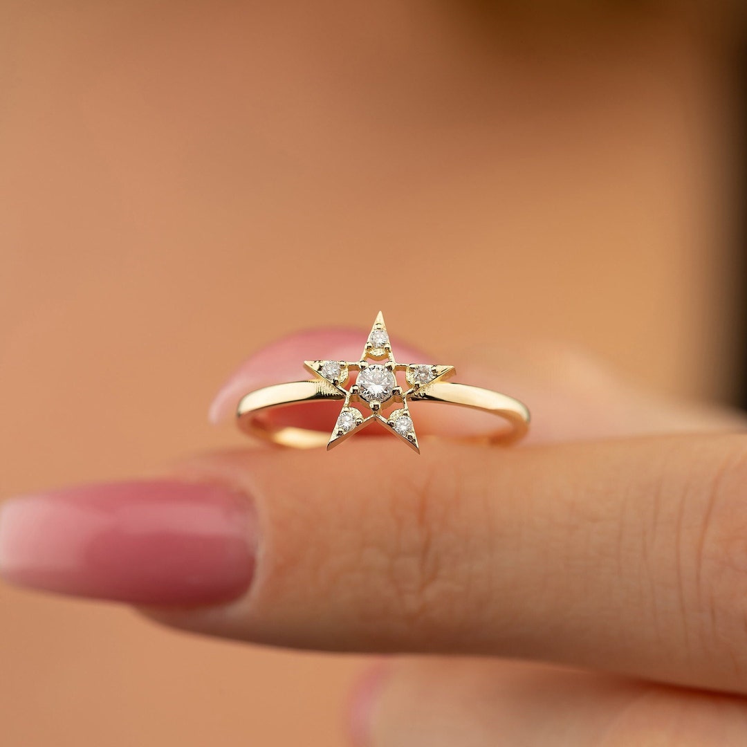 North Star Diamond Stone Ring, 14k Gold Diamond Star Ring, North Star ...
