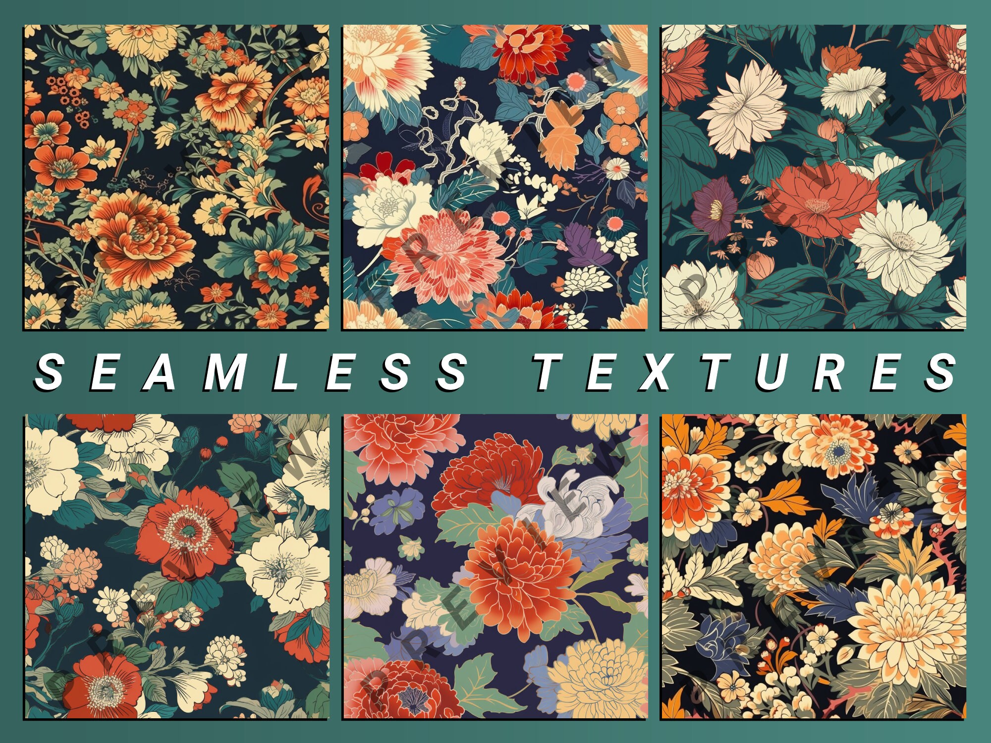 Japanese Floral Digital Paper, 8 Kimono Seamless Patterns for Textiles ...
