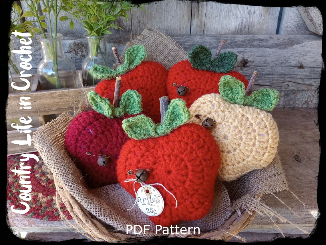 Crochet Apple Bowl Fillers Pattern: Rustic Primitive Ornaments (digital ...