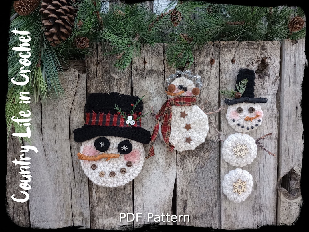 PDF Pattern, Rustic Snowman Christmas Ornaments, Snowmen Crochet ...
