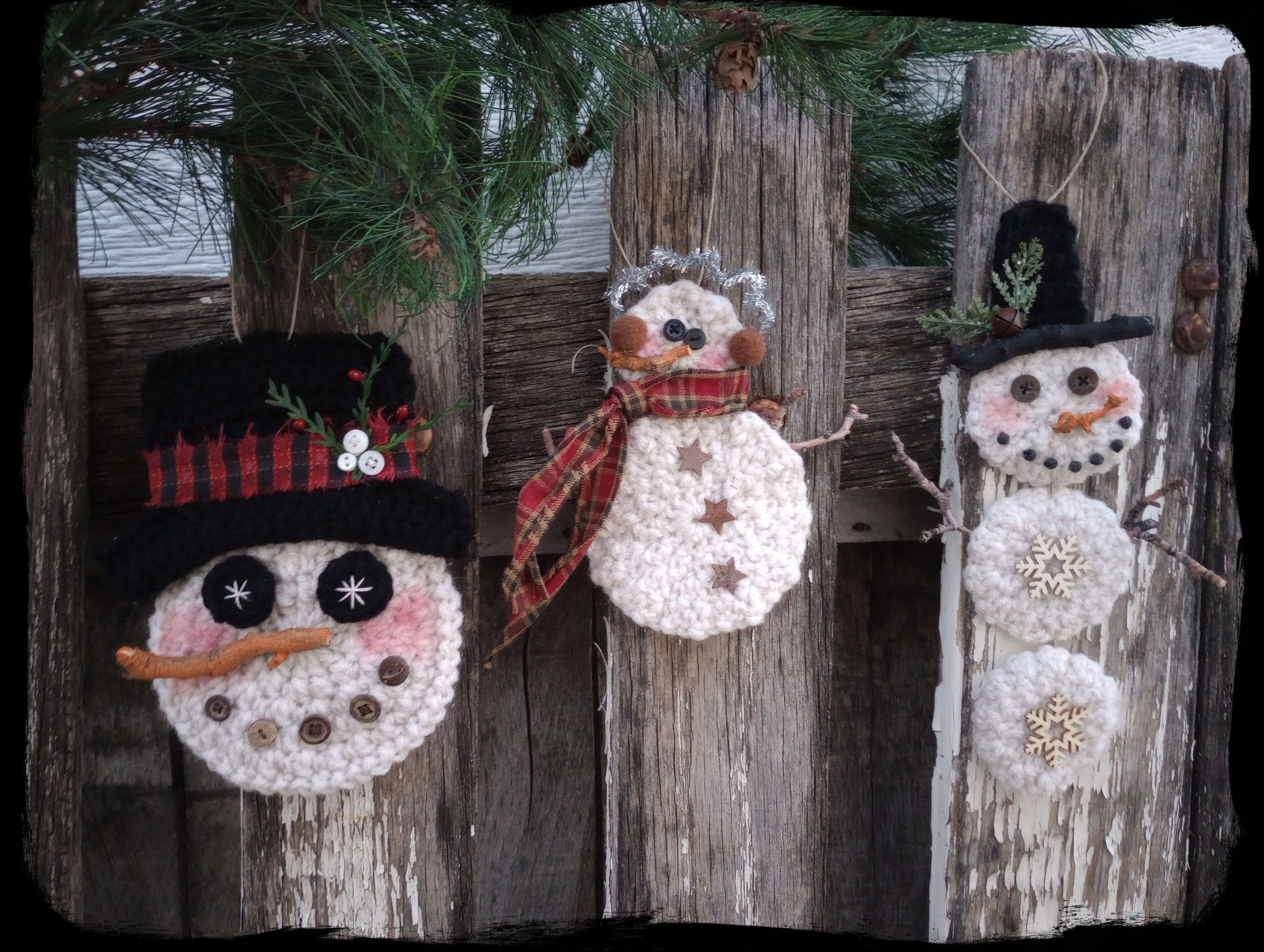PDF Pattern, Rustic Snowman Christmas Ornaments, Snowmen Crochet ...