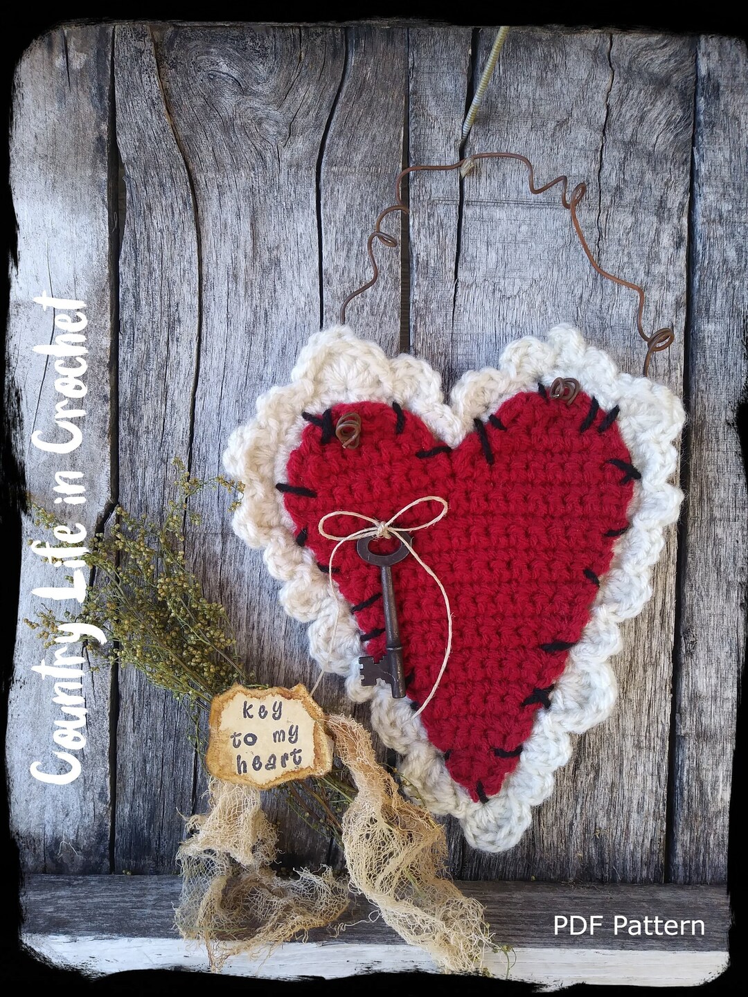 Primitive Crochet Heart Hanger Pattern: Rustic Valentine's Decor (PDF ...