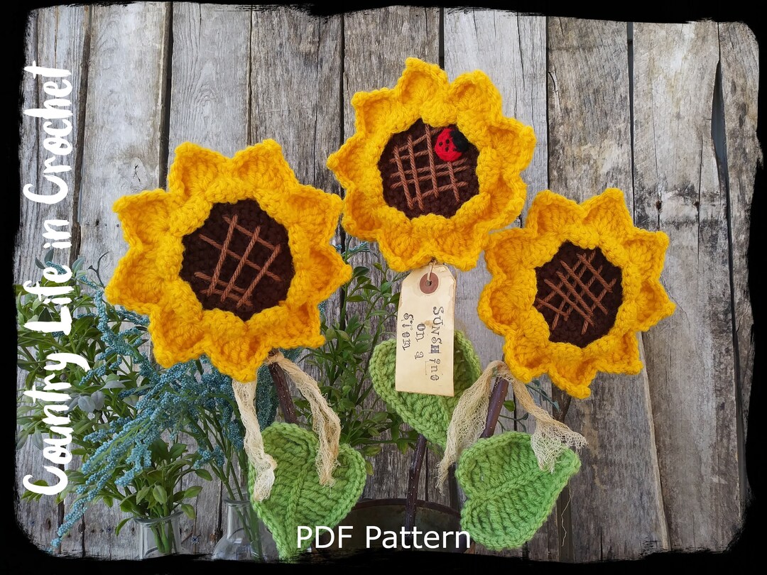 Primitive Crochet Sunflower Pattern: Tall Bouquet With Ladybug (digital ...