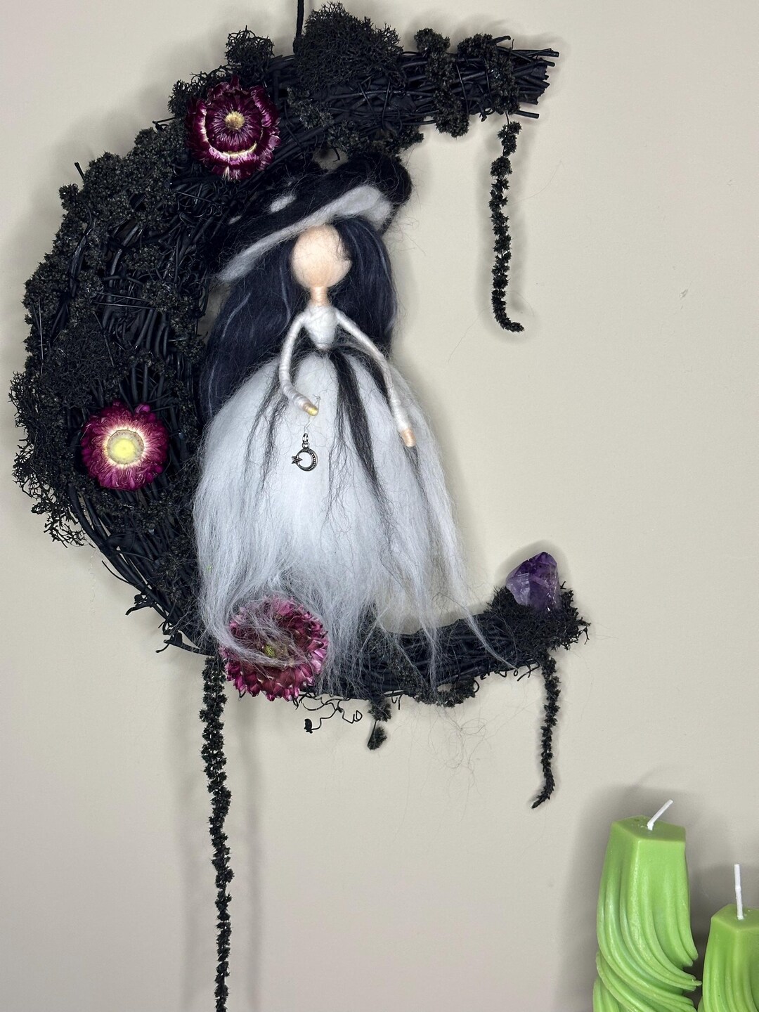 Gothic Sprite Wreath With Dried Flowers and Moss. Amethyst Terminated ...