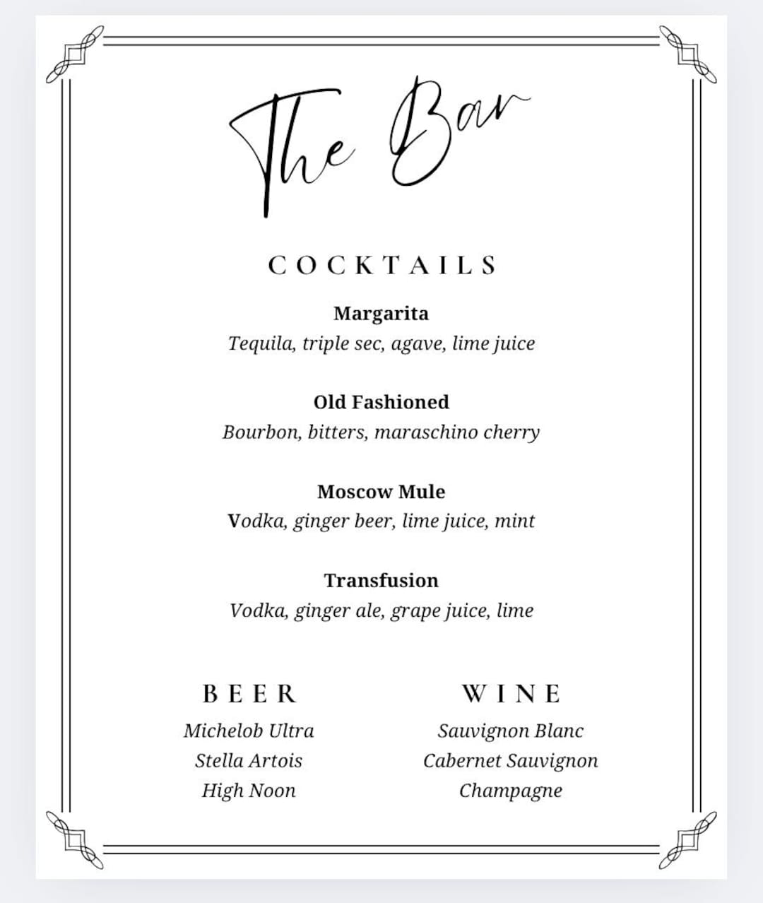 Wedding Bar Menu Template - Customizable on Canva - Etsy