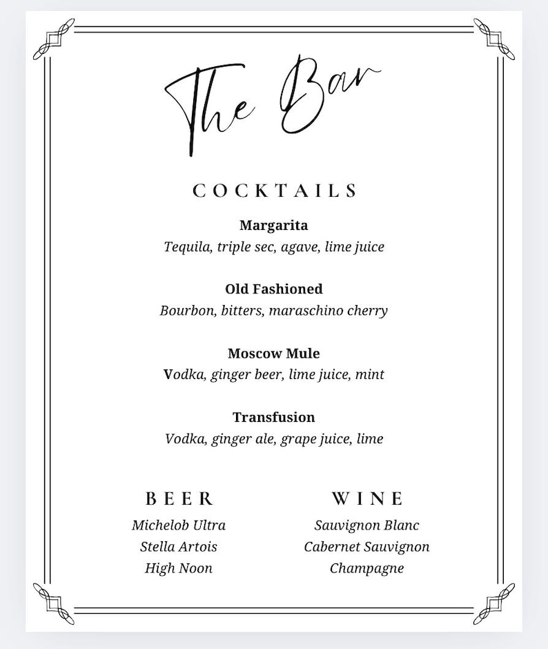 Wedding Bar Menu Template - Customizable on Canva - Etsy