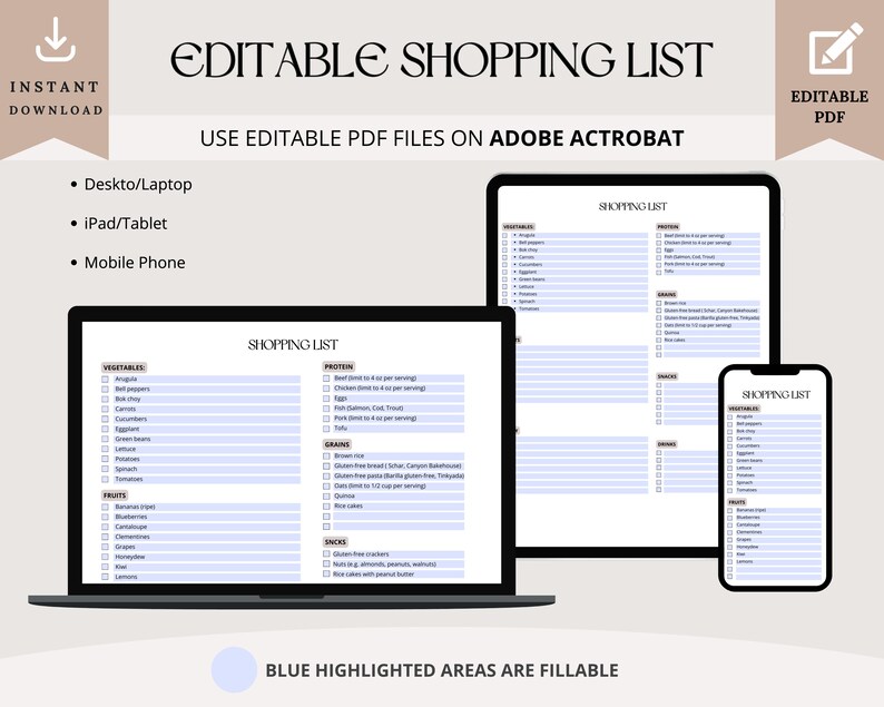 Fodmap Diet and Editable Grocery List Printable PDF Low - Etsy