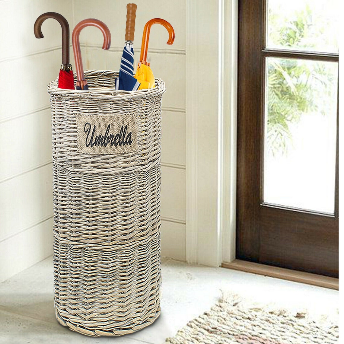 Wicker Umbrella Rack Stand Rattan Wicker Basket Bin Brolly Walking ...