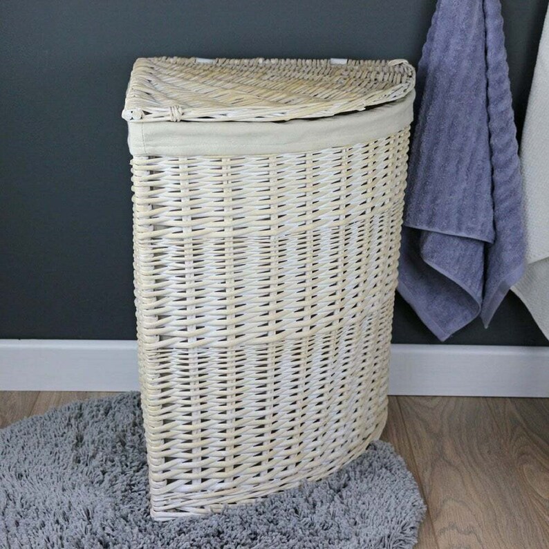 White Wash Corner Wicker Laundry Basket Linen Lined Washing - Etsy
