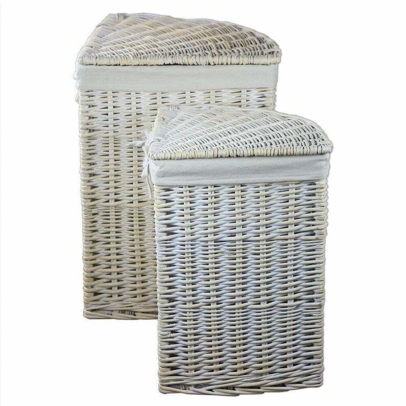 White Wash Corner Wicker Laundry Basket Linen Lined Washing - Etsy
