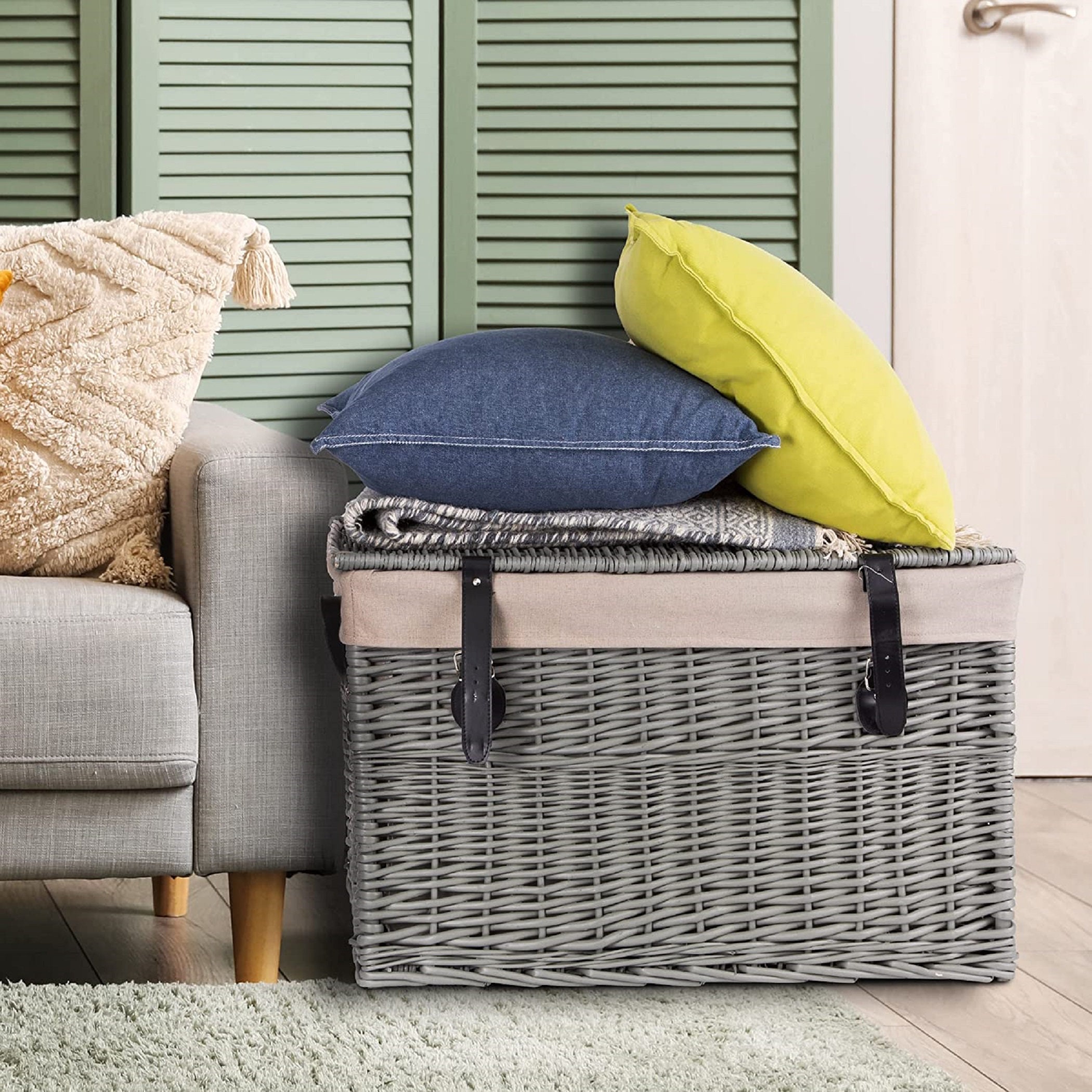 Premium Grey Painted Wicker Storage Basket Hamper Box With Lid and ...