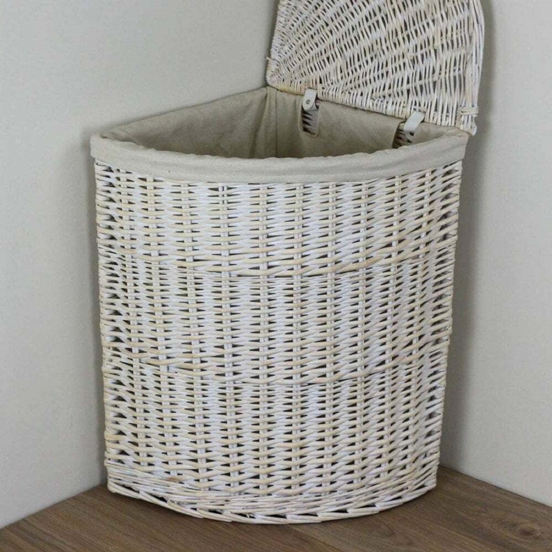 White Wash Corner Wicker Laundry Basket Linen Lined Washing - Etsy