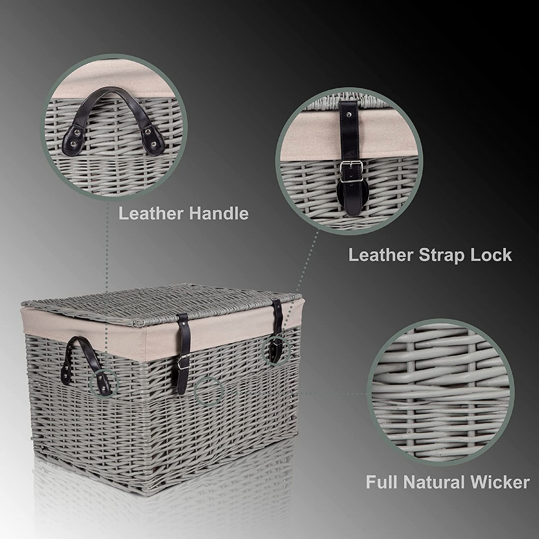 Premium Grey Painted Wicker Storage Basket Hamper Box With Lid and ...