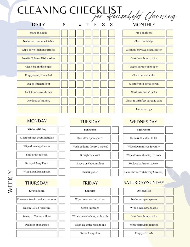 EDITABLE Cleaning Checklist, Cleaning Schedule Template, Spring ...